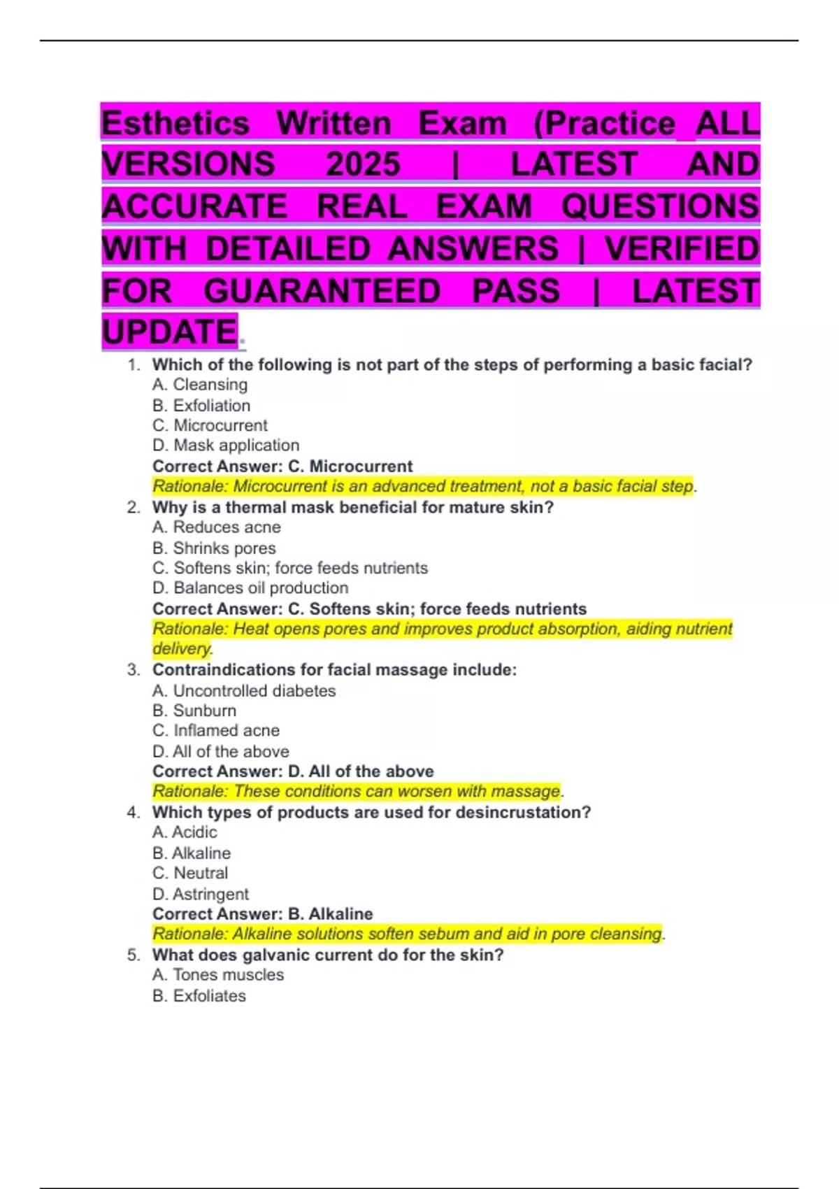 Esthetics Written Exam (Practice ALL VERSIONS 2025 | LATEST AND ...