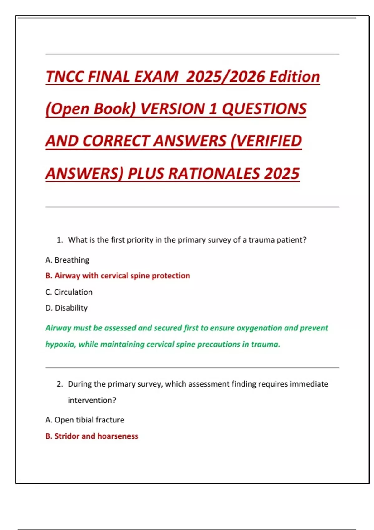 TNCC FINAL EXAM 2025/2026 Edition (Open Book) VERSION 1 QUESTIONS AND CORRECT ANSWERS (VERIFIED ...