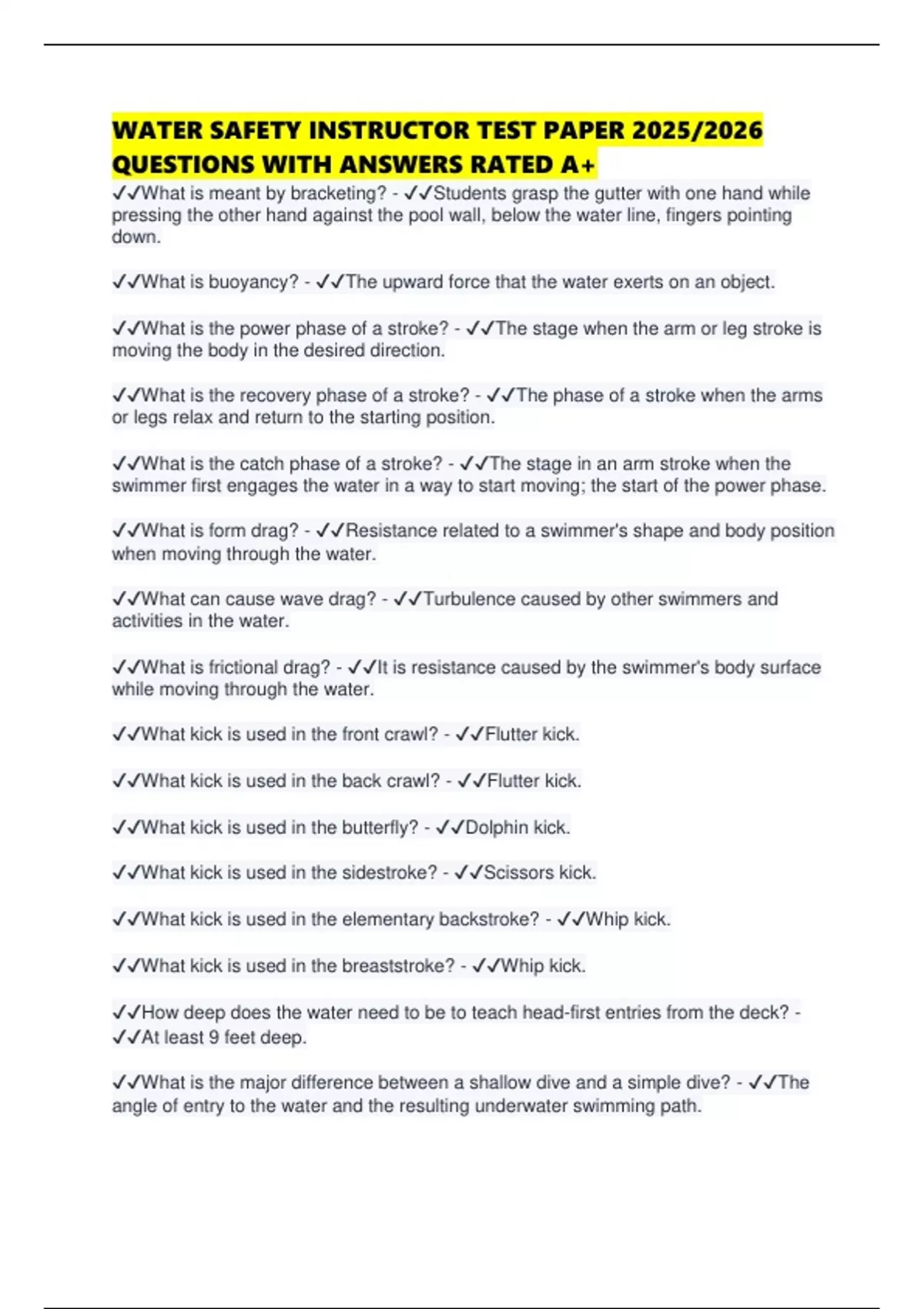 WATER SAFETY INSTRUCTOR TEST PAPER 2025/2026 QUESTIONS WITH ANSWERS ...