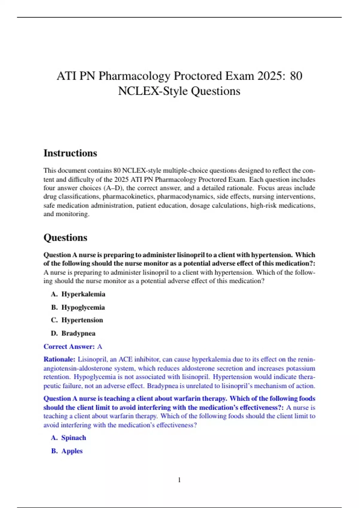 ATI PN Pharmacology Proctored Exam 2025: 80 NCLEX-Style Practice Questions with Correct Answers ...