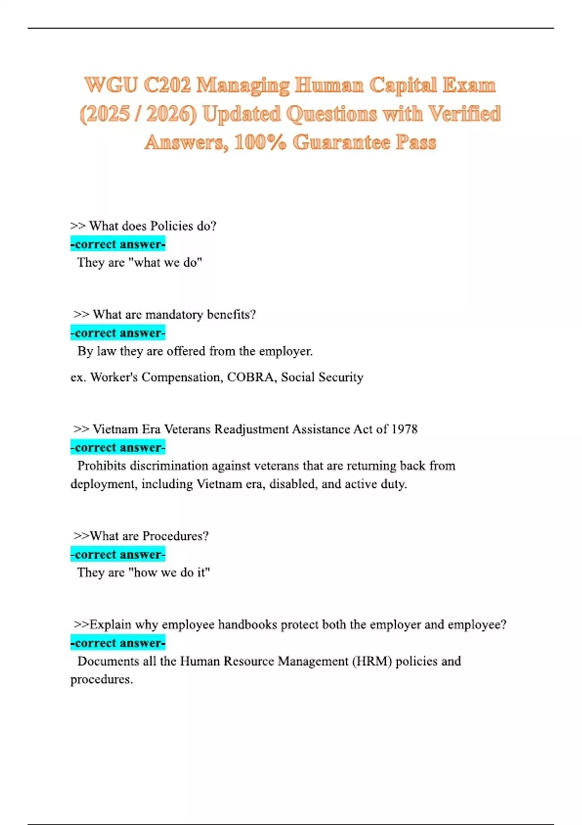 WGU C202 Managing Human Capital Exam (2025 / 2026) Updated Questions with Verified Answers, 100% ...