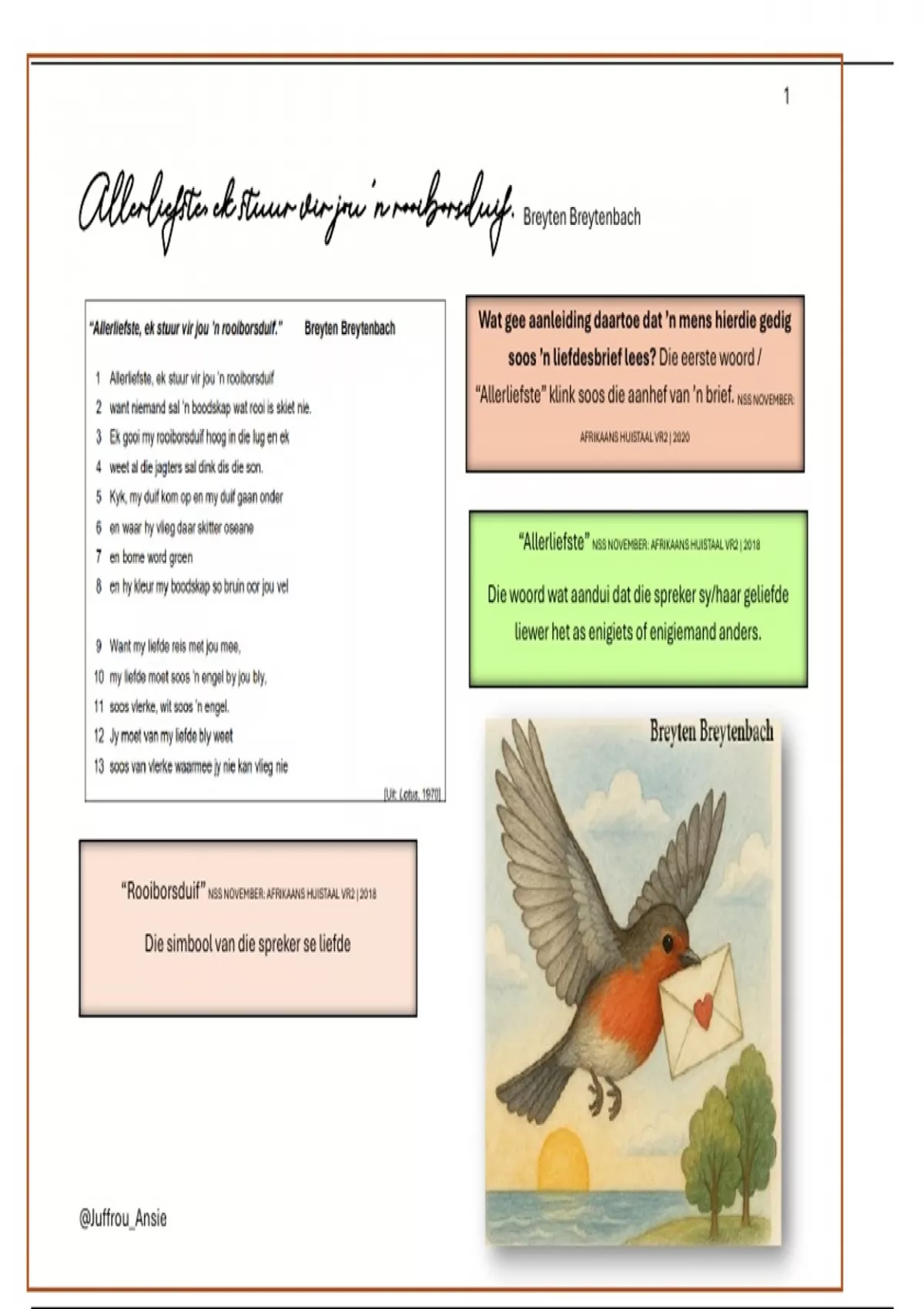 Summary Allerliefste ek stuur vir jou n rooiborsduif Deur Breyten ...