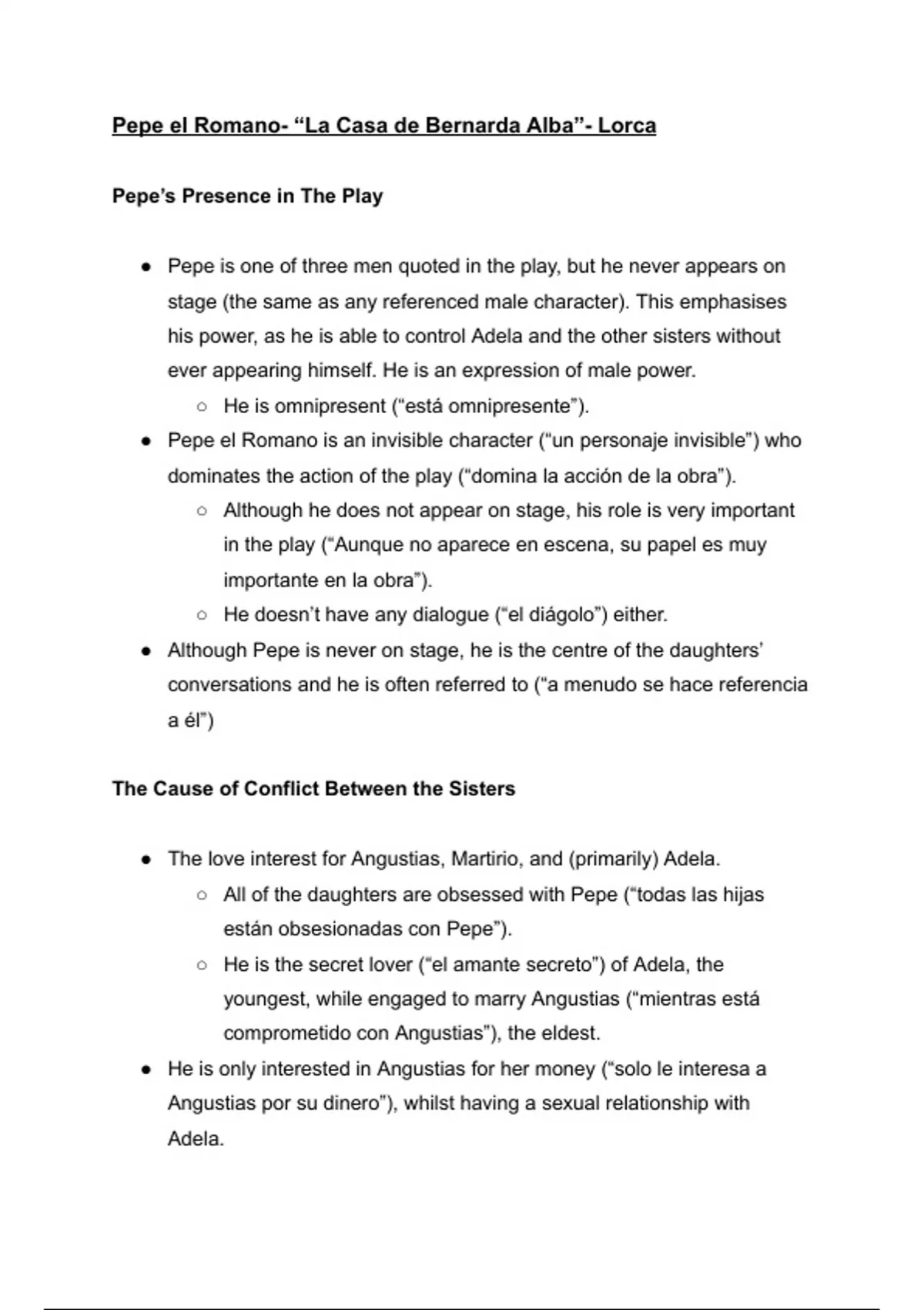 Summary "La Casa de Bernarda Alba"- Pepe el Romano (A Level History ...