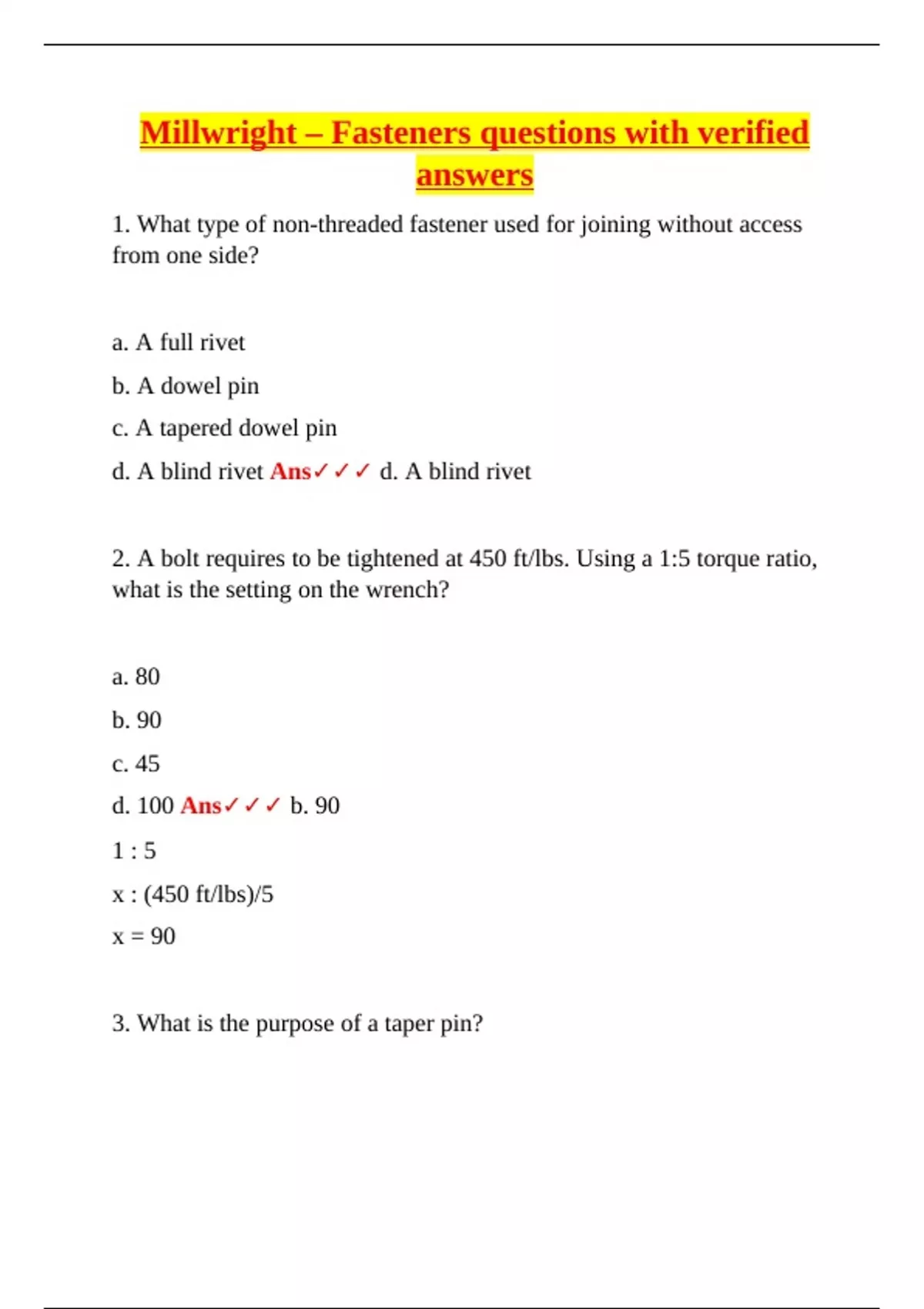 Millwright – Fasteners Final Review – Verified Questions and Answers on ...