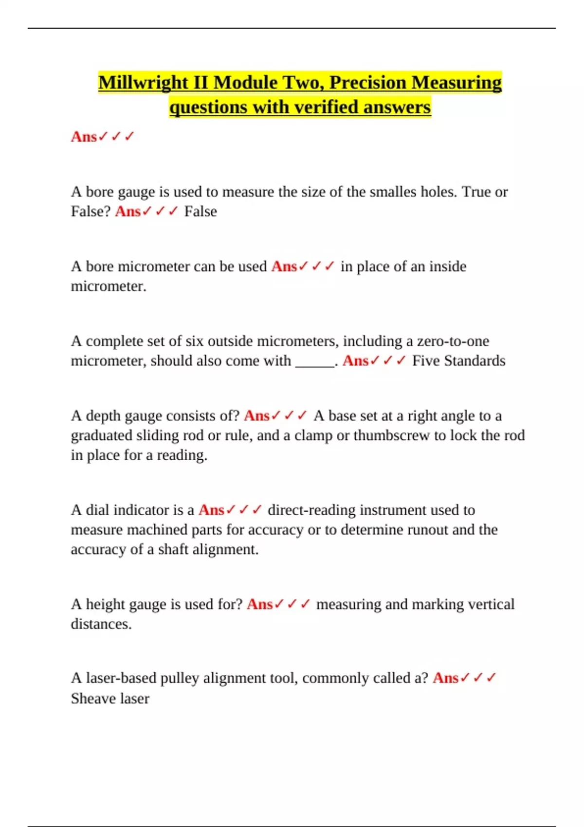 Millwright II – Module Two – Verified Questions and Answers on ...