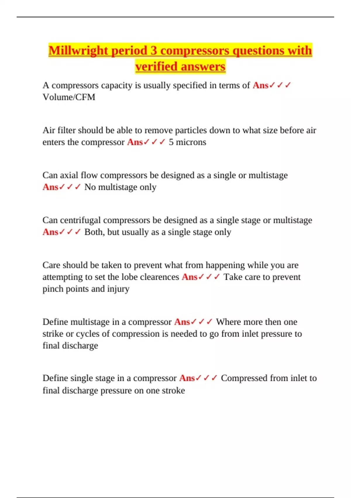 Millwright Period 3 – Compressors Review – Verified Questions and ...