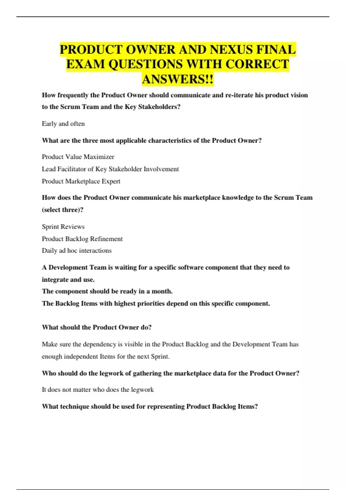 PRODUCT OWNER AND NEXUS FINAL EXAM QUESTIONS WITH CORRECT ANSWERS ...