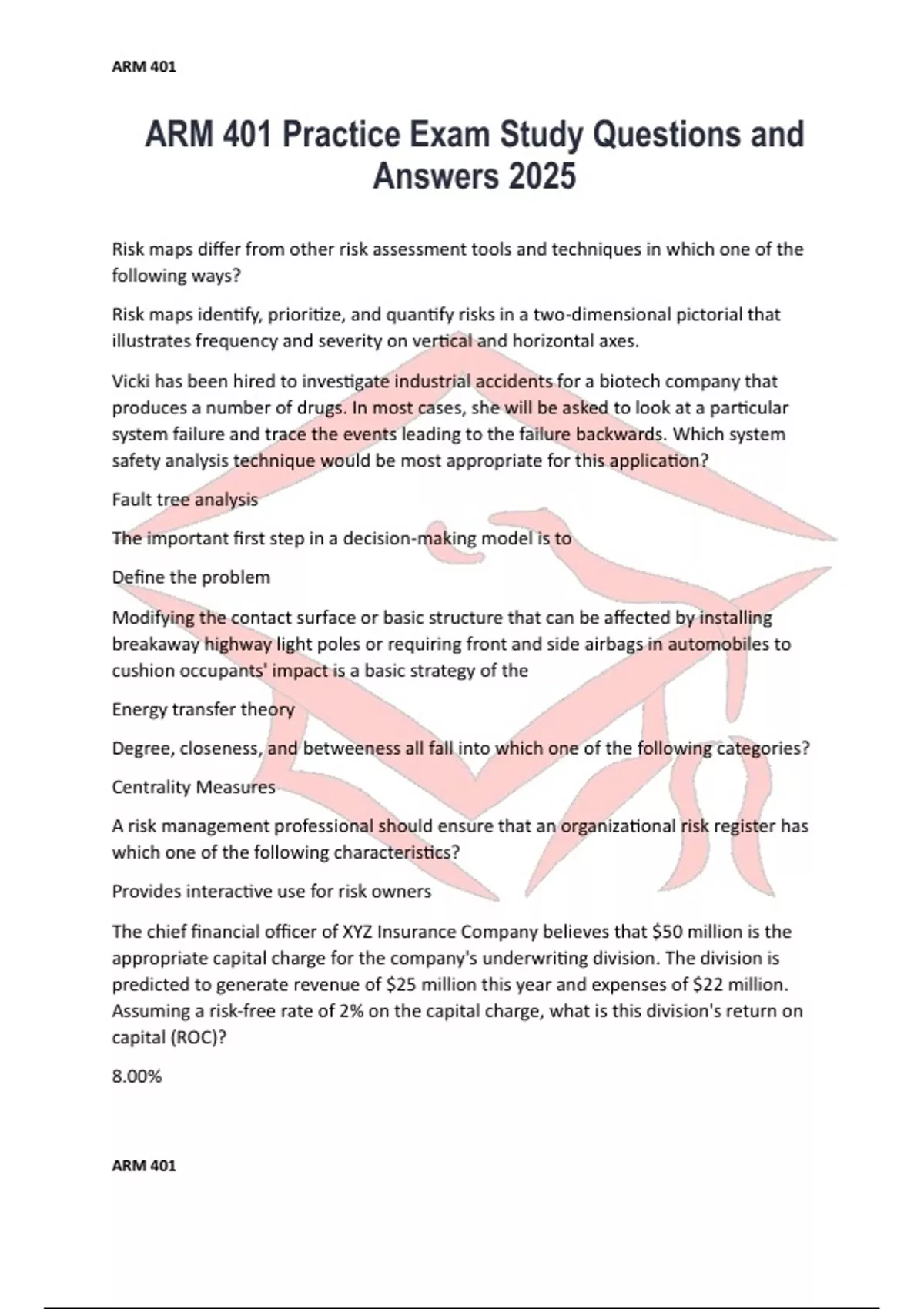 ARM 401 Practice Exam Study Questions and Answers 2025 - ARM 401 - Stuvia US