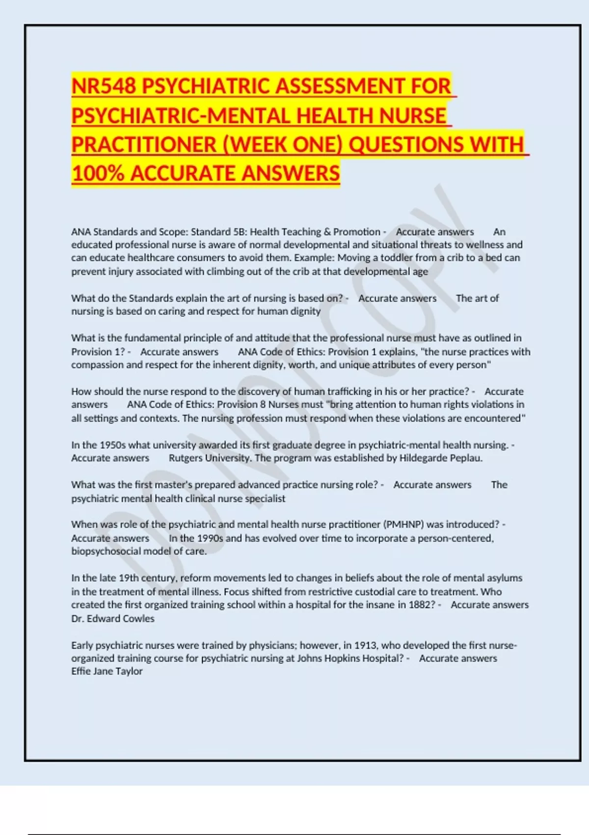 NR 548 Week 1 – Psychiatric Assessment for the Psychiatric-Mental ...