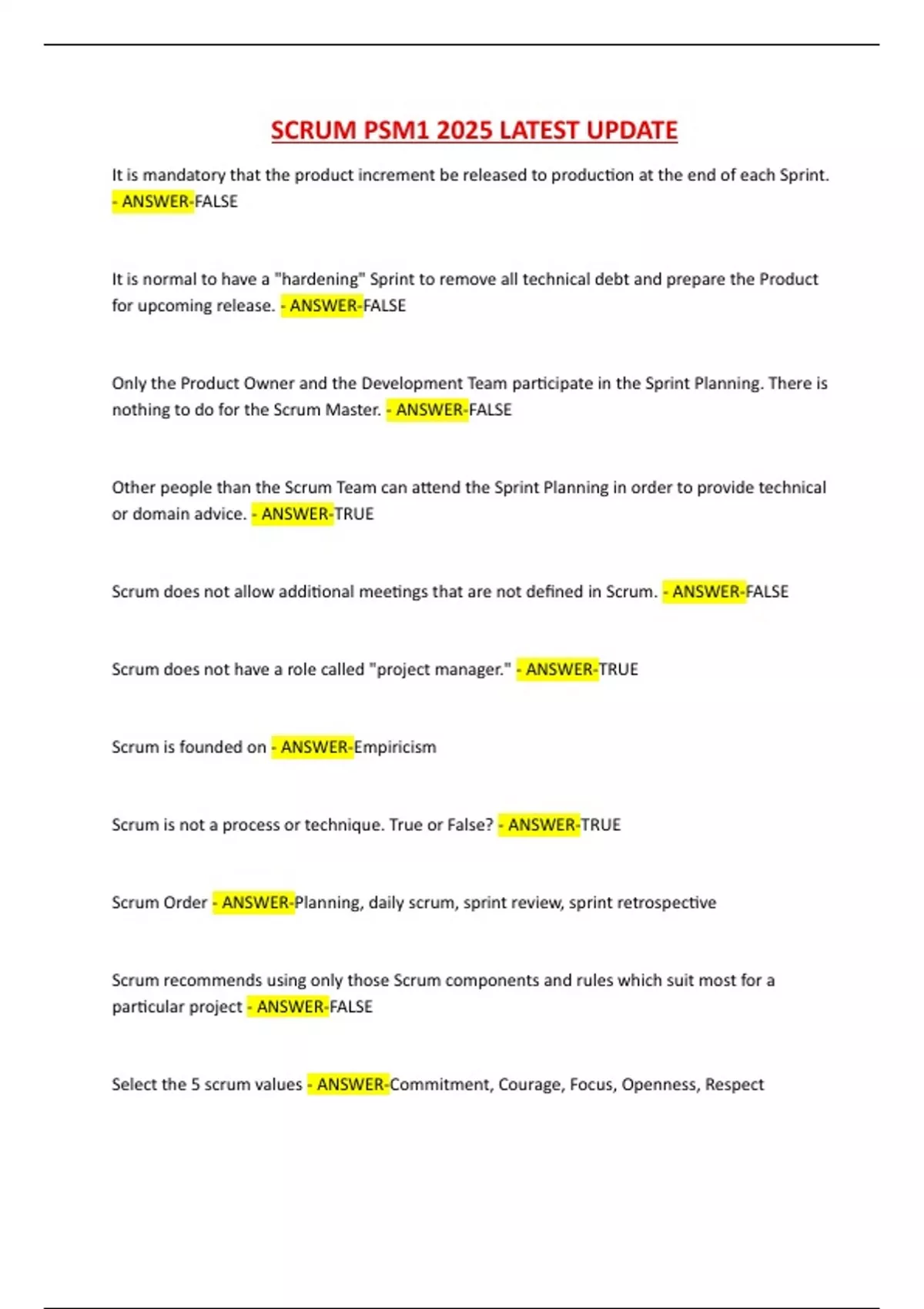 SCRUM PSM1 2025 LATEST UPDATE - PSM I - Professional Scrum Master I ...