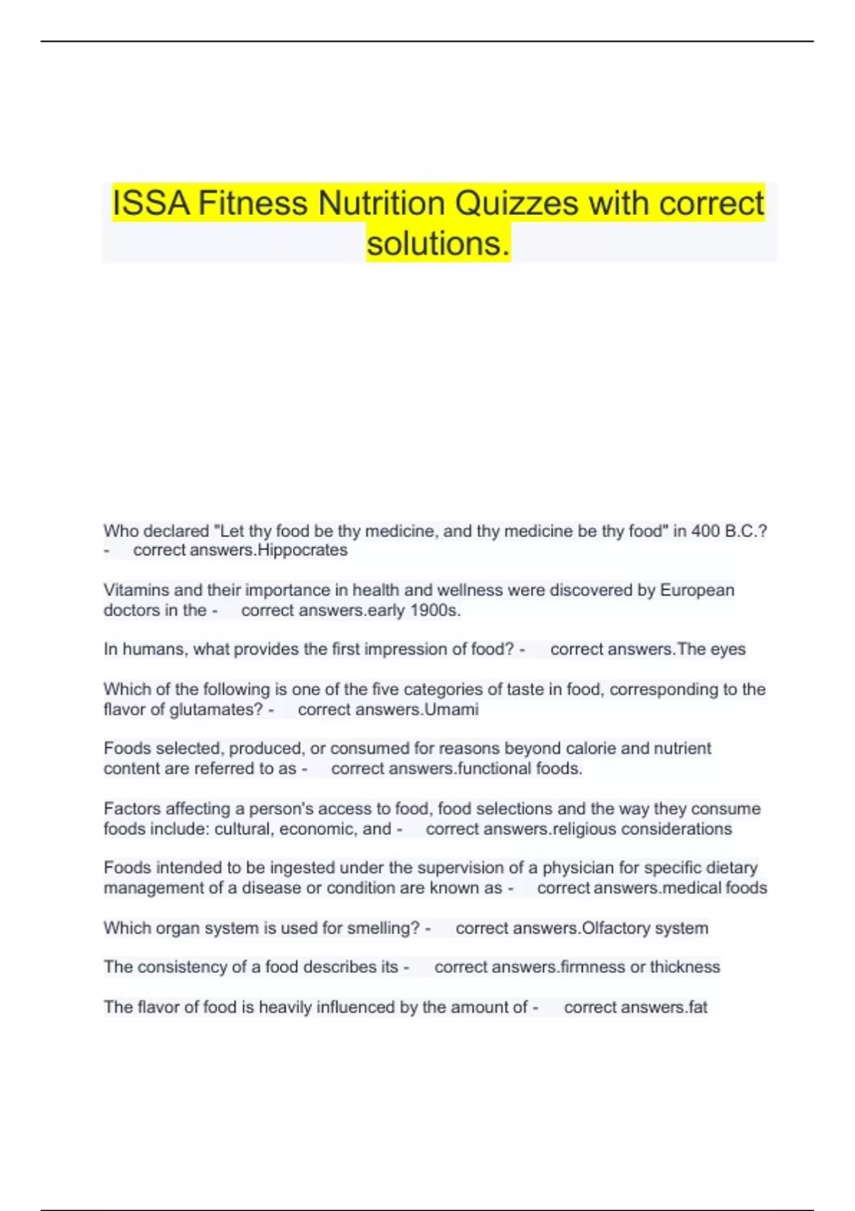 ISSA Fitness Nutrition Quizzes with correct solutions - ISSA - Stuvia US