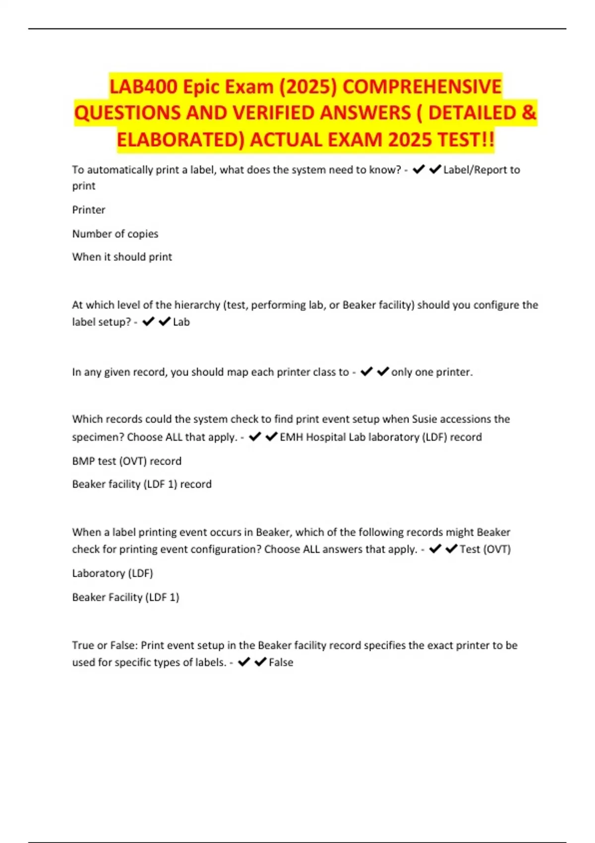 LAB400 Epic Exam (2025) COMPREHENSIVE QUESTIONS AND VERIFIED ANSWERS ...