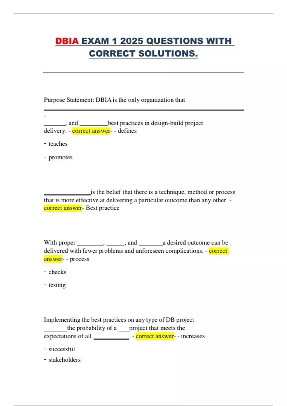 DBIA Exam 1 | Design-Build Institute of America | 2025 | Exam Questions with Correct Solutions ...