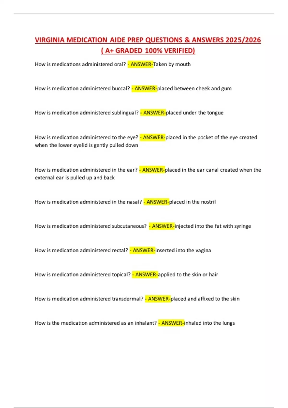 VIRGINIA MEDICATION AIDE PREP QUESTIONS & ANSWERS 2025/2026 ( A+ GRADED ...