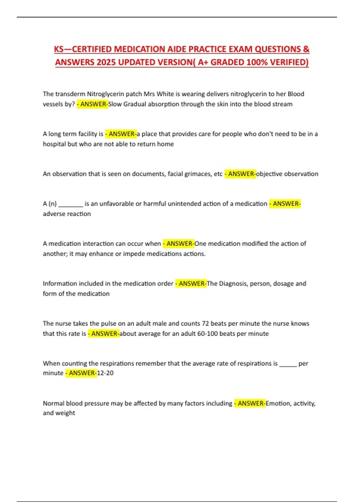 KS—CERTIFIED MEDICATION AIDE PRACTICE EXAM QUESTIONS & ANSWERS 2025 ...