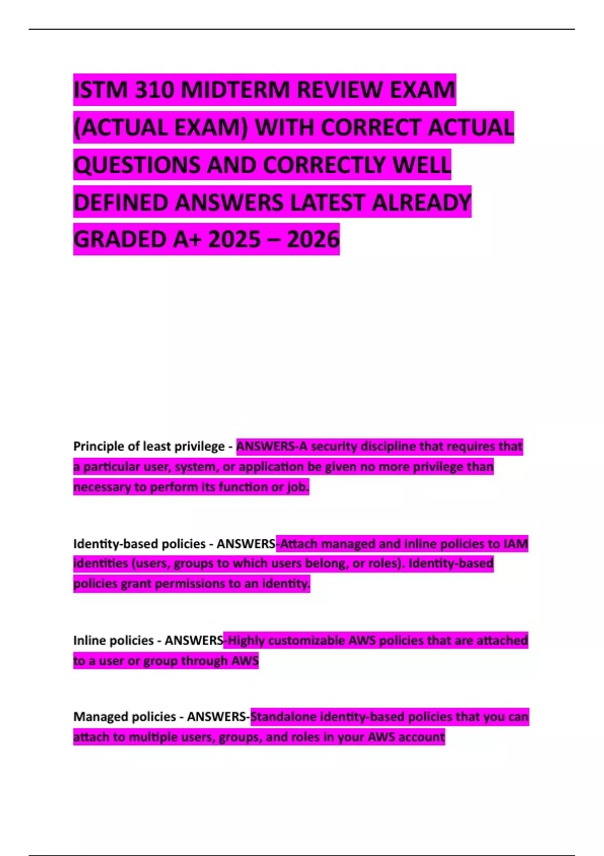 ISTM 310 MIDTERM REVIEW EXAM (ACTUAL EXAM) WITH CORRECT ACTUAL ...