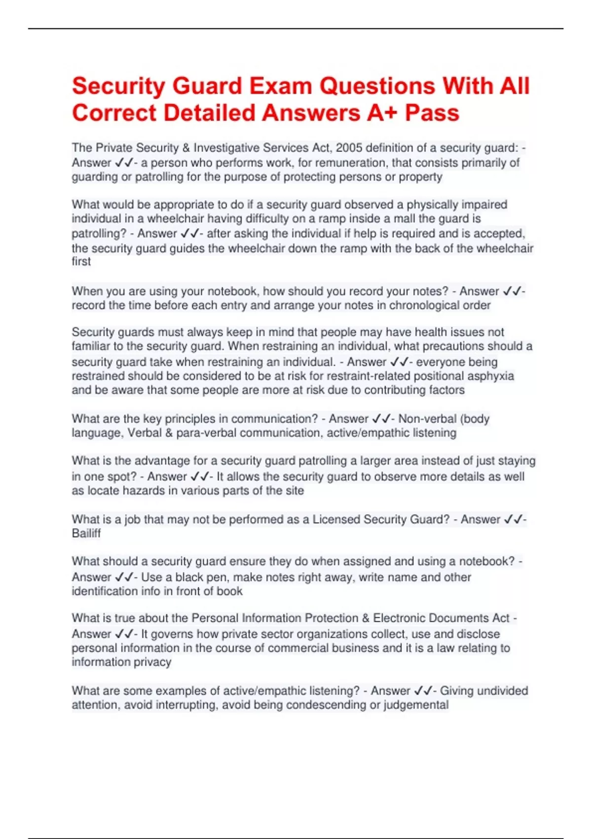 Security Guard Exam Questions With All Correct Detailed Answers A+ Pass ...