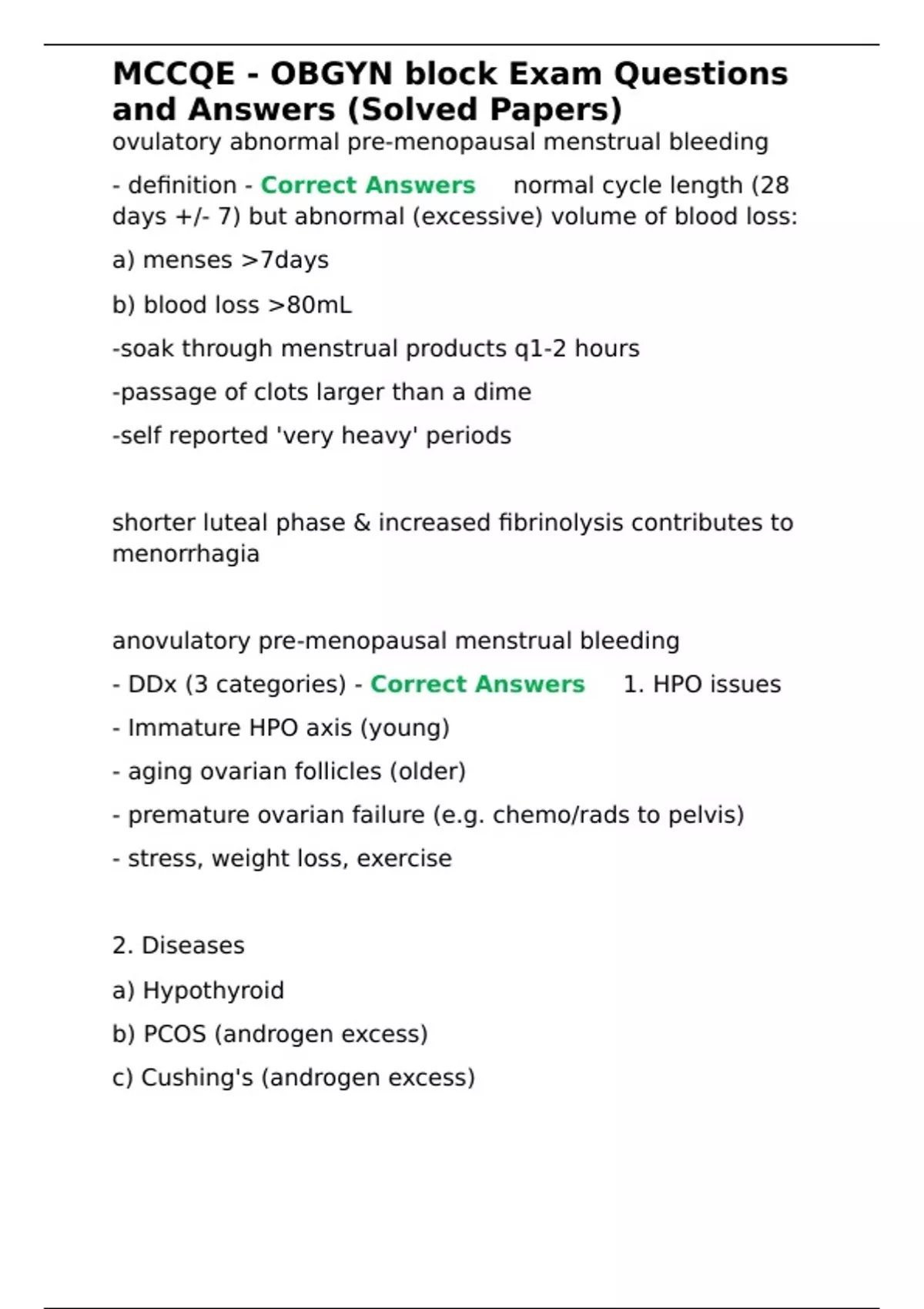 MCCQE - OBGYN block Exam Questions and Answers (Solved Papers - MCCQE 1 ...