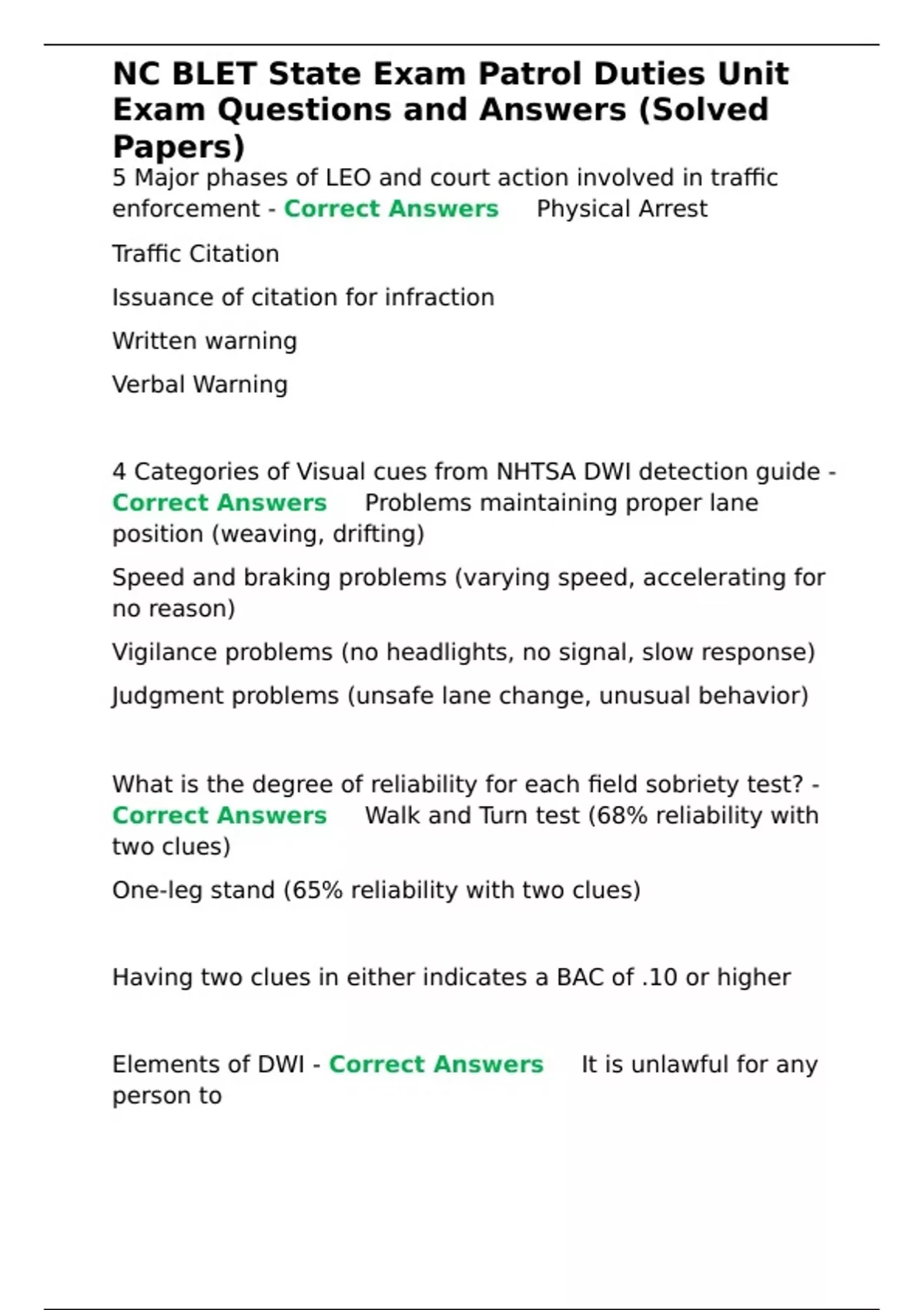 NC BLET State Exam Patrol Duties Unit Exam Questions and Answers ...