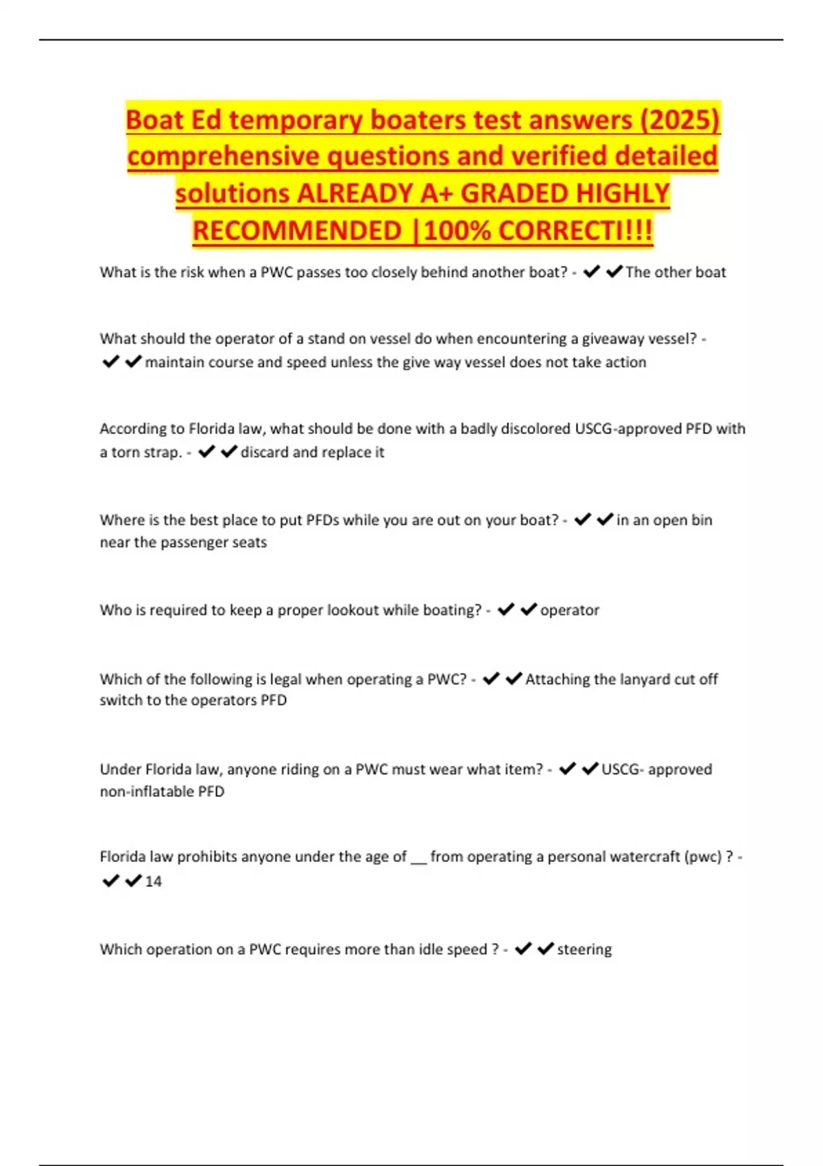 Boat Ed temporary boaters test answers (2025) comprehensive questions ...