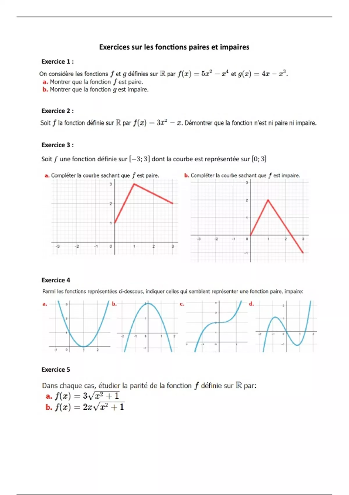 Exercices sur les fonctions paires et impaires niveau 2nde ...