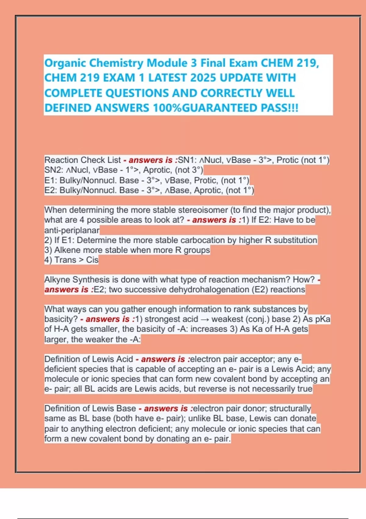 Organic Chemistry Module 3 Final Exam CHEM 219, CHEM 219 EXAM 1 LATEST ...