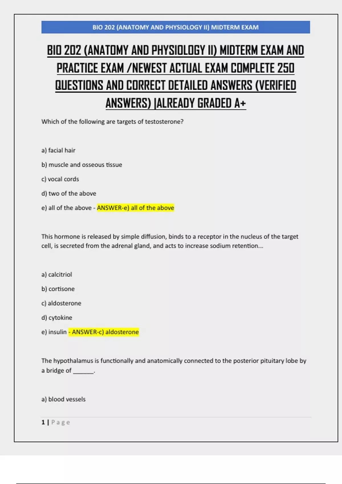 BIO 202 (ANATOMY AND PHYSIOLOGY II) MIDTERM EXAM AND PRACTICE EXAM /NEWEST ACTUAL EXAM COMPLETE ...