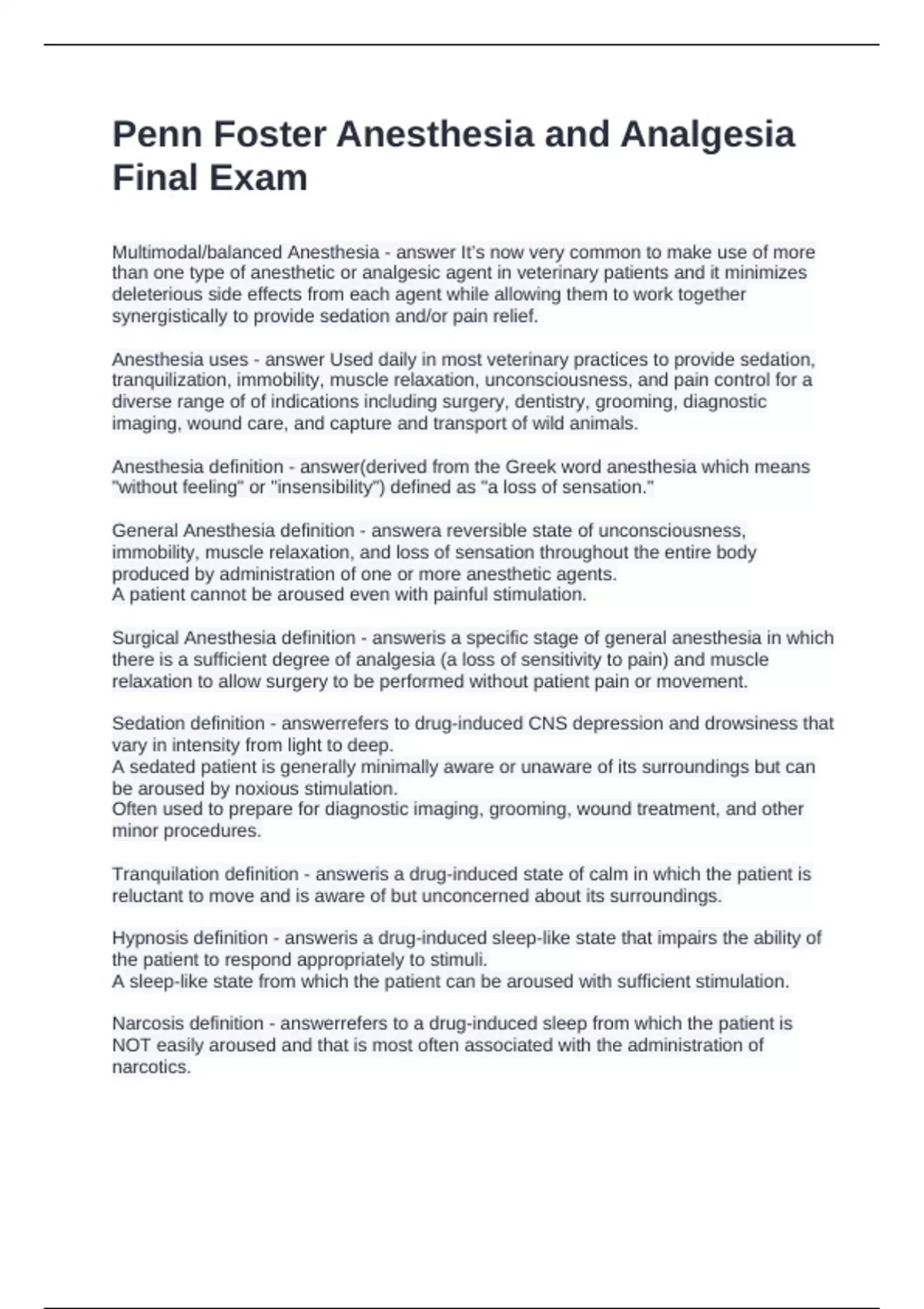 Penn Foster Anesthesia and Analgesia Final Exam Questions and Answers ...
