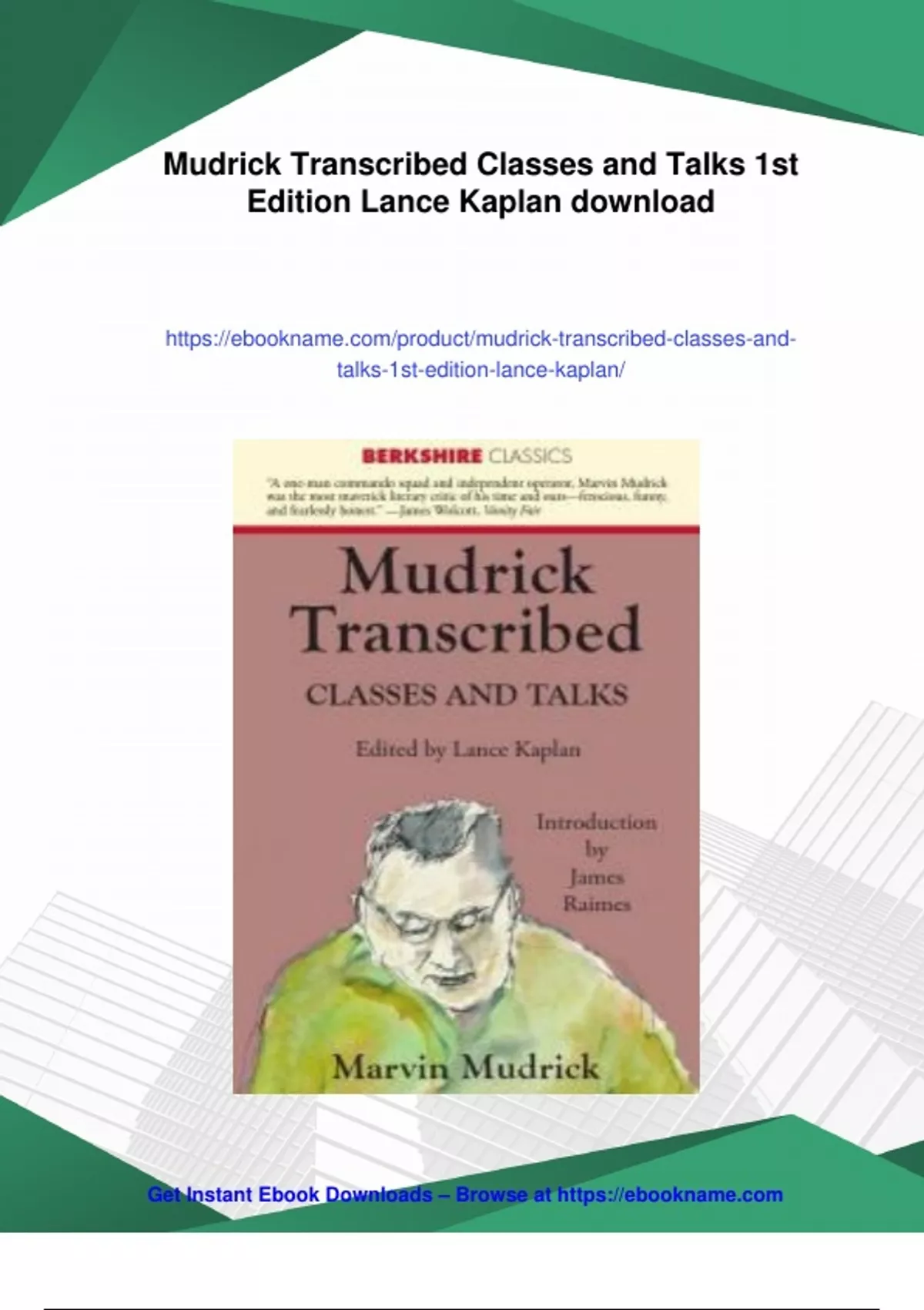 Summary Mudrick Transcribed Classes and Talks 1st Edition Lance Kaplan ...