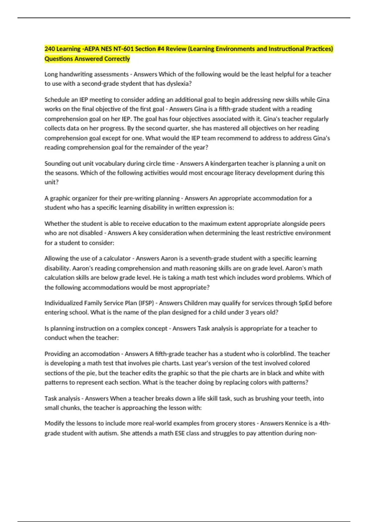 240 Learning -AEPA NES NT-601 Section #4 Review (Learning Environments and Instructional ...