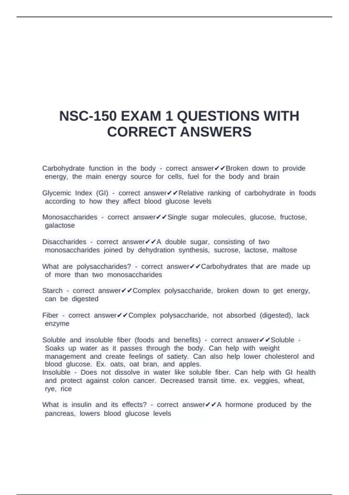 NSC-150 EXAM 1 QUESTIONS WITH CORRECT ANSWERS - GCU NSC 150 NUTRITION ...