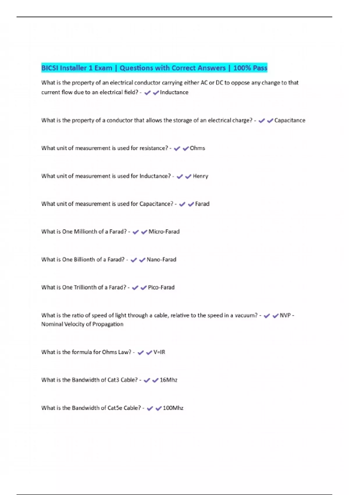 BICSI Installer 1 Exam | Questions with Correct Answers | 100% Pass ...