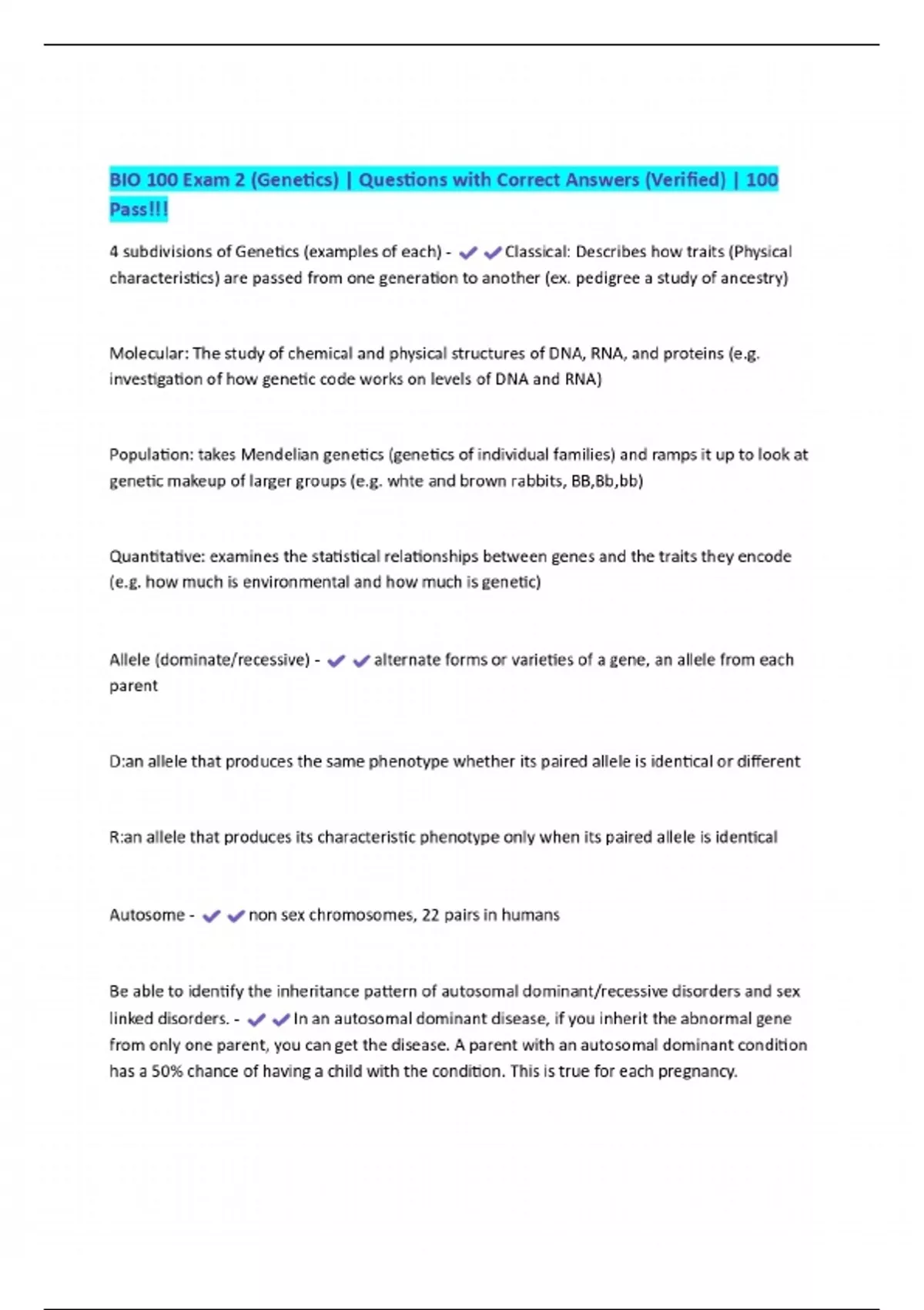 BIO 100 Exam 2 (Genetics) | Questions with Correct Answers (Verified ...
