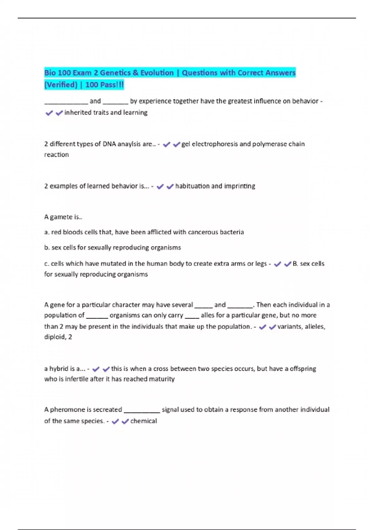 Bio 100 Exam 2 Genetics & Evolution | Questions with Correct Answers ...