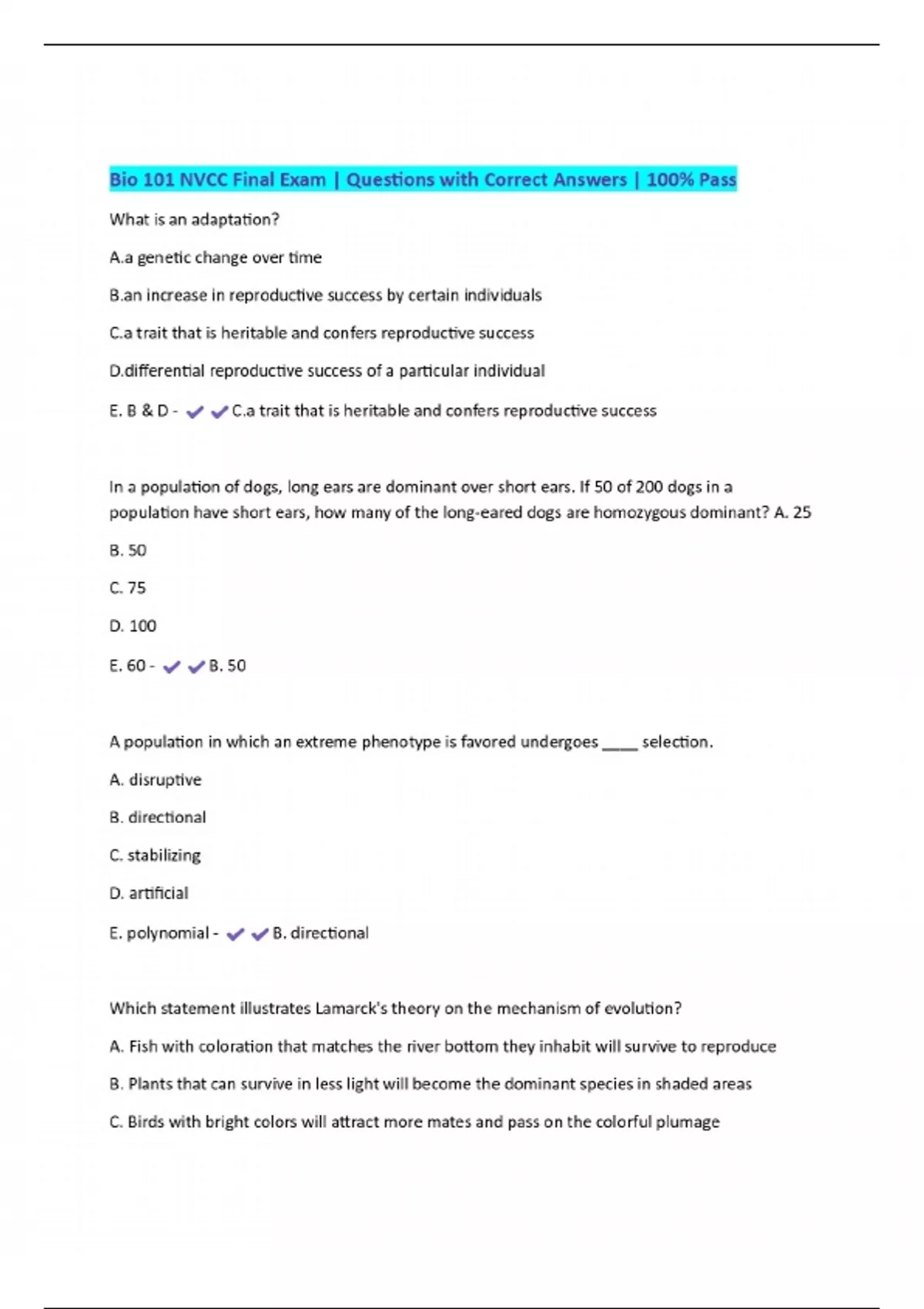 Bio 101 NVCC Final Exam | Questions with Correct Answers | 100% Pass ...