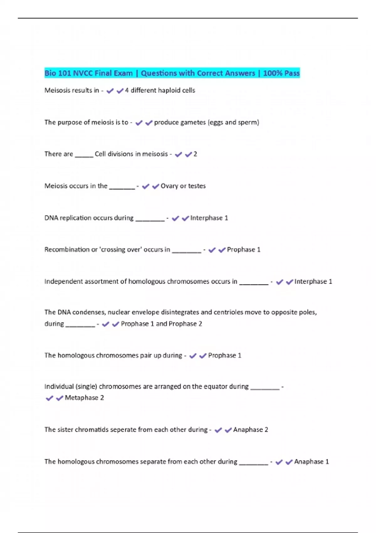 Bio 101 NVCC Final Exam | Questions with Correct Answers | 100% Pass ...