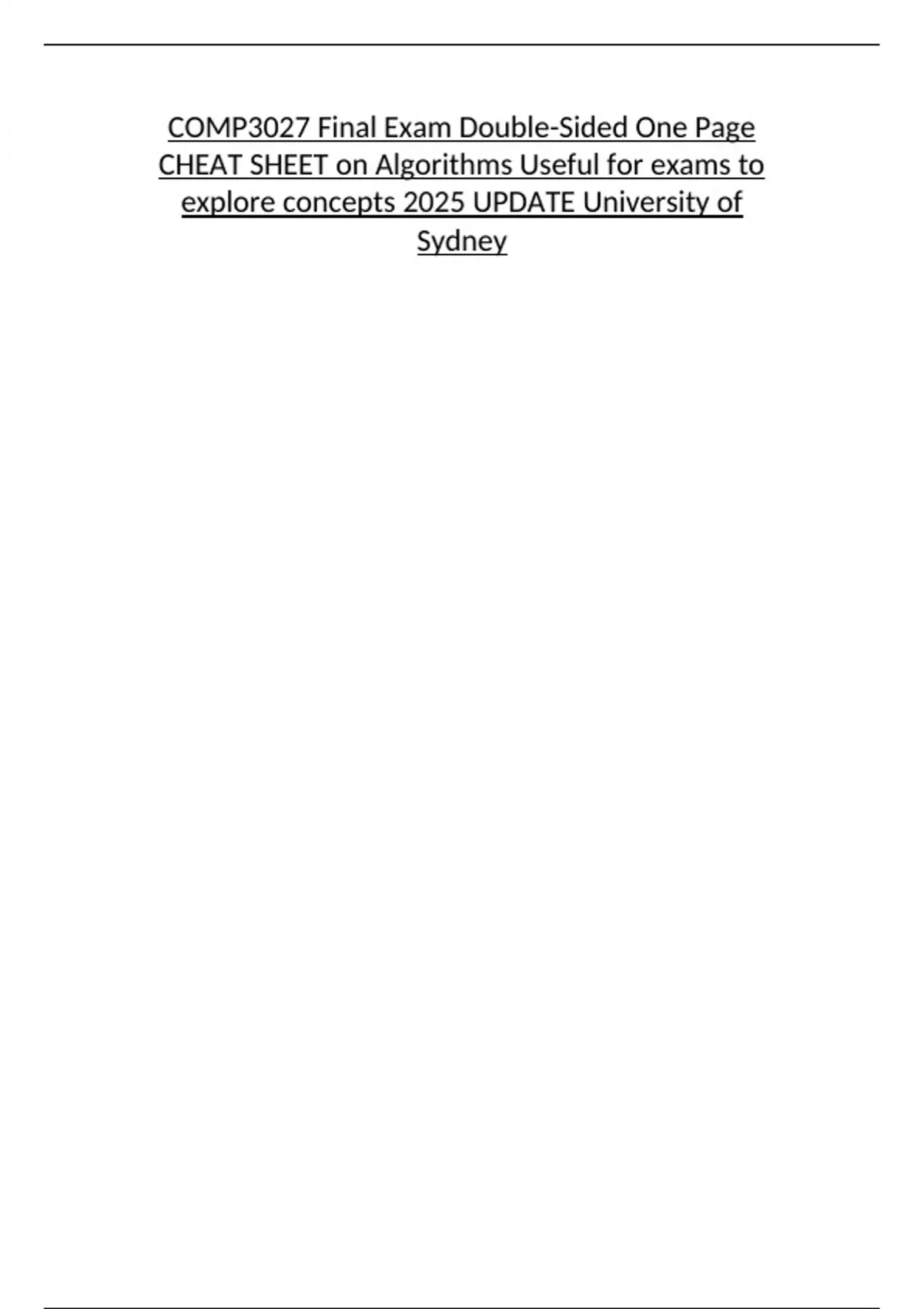 COMP3027 Final Exam Double-Sided One Page CHEAT SHEET on Algorithms ...