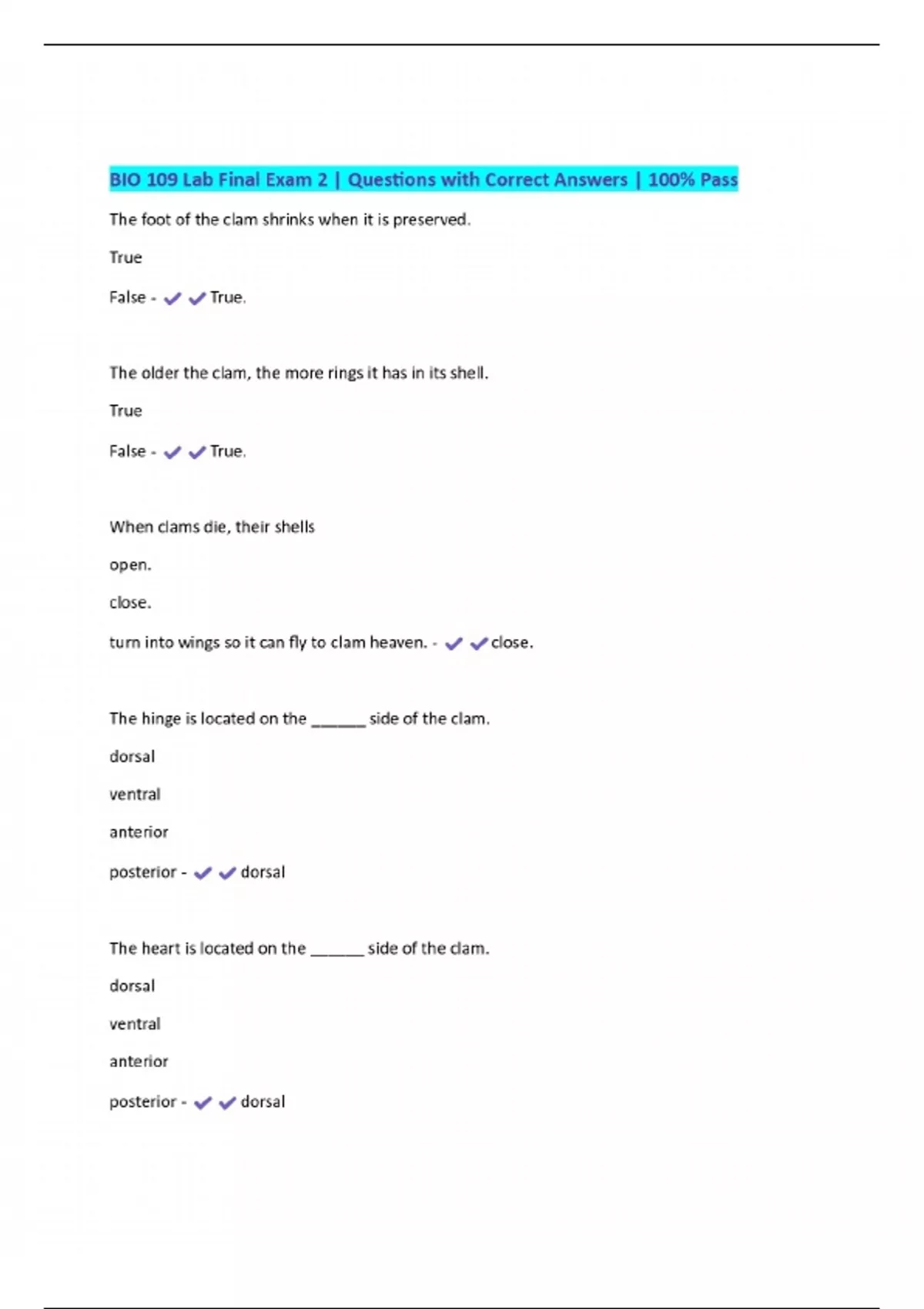 BIO 109 Lab Final Exam 2 | Questions with Correct Answers | 100% Pass ...
