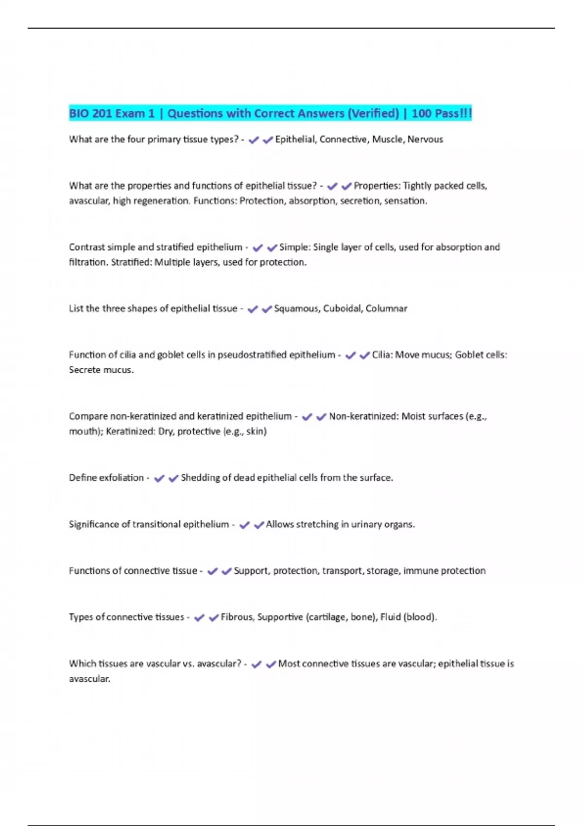 BIO 201 Exam 1 | Questions with Correct Answers (Verified) | 100 Pass ...