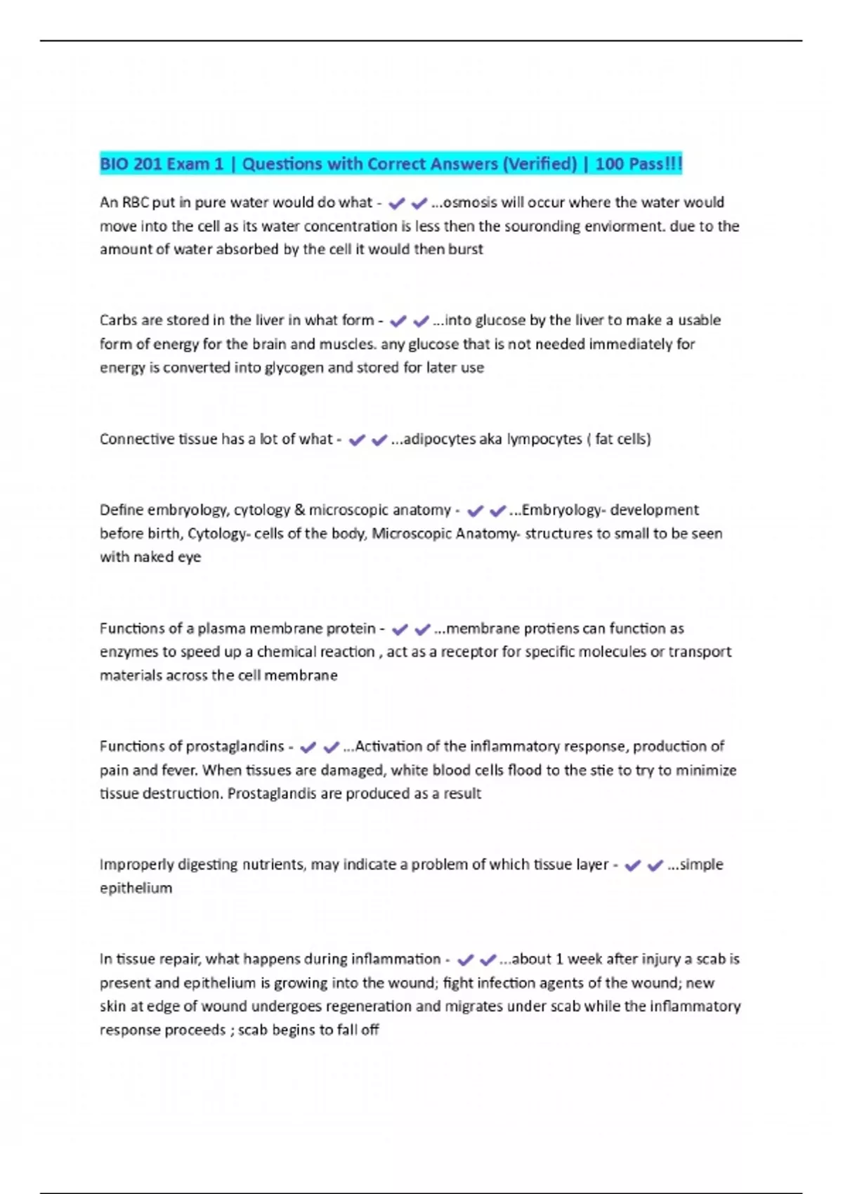BIO 201 Exam 1 | Questions with Correct Answers (Verified) | 100 Pass!!! - BIO 201 - Stuvia US