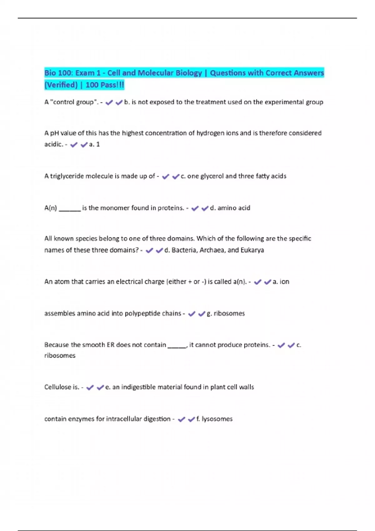 Bio 100: Exam 1 - Cell and Molecular Biology | Questions with Correct ...