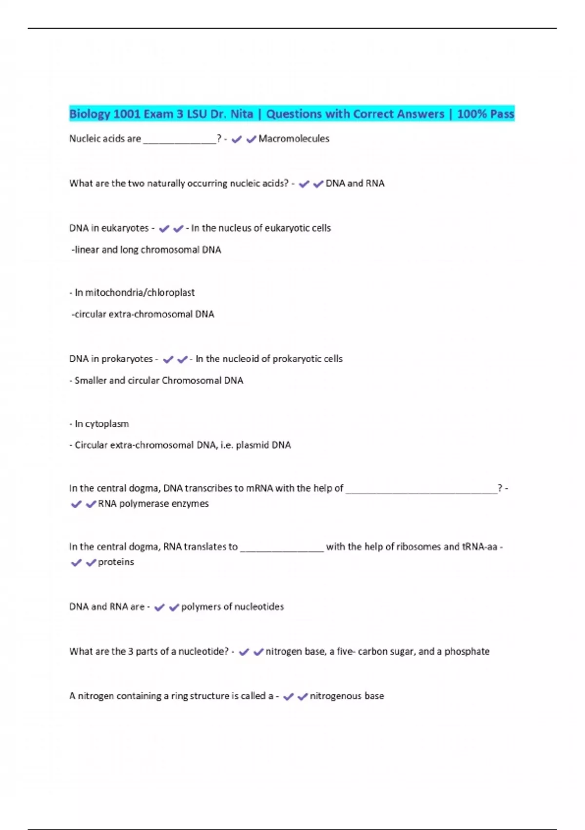 Biology 1001 Exam 3 LSU Dr. Nita | Questions with Correct Answers | 100% Pass - Biology 1001 ...