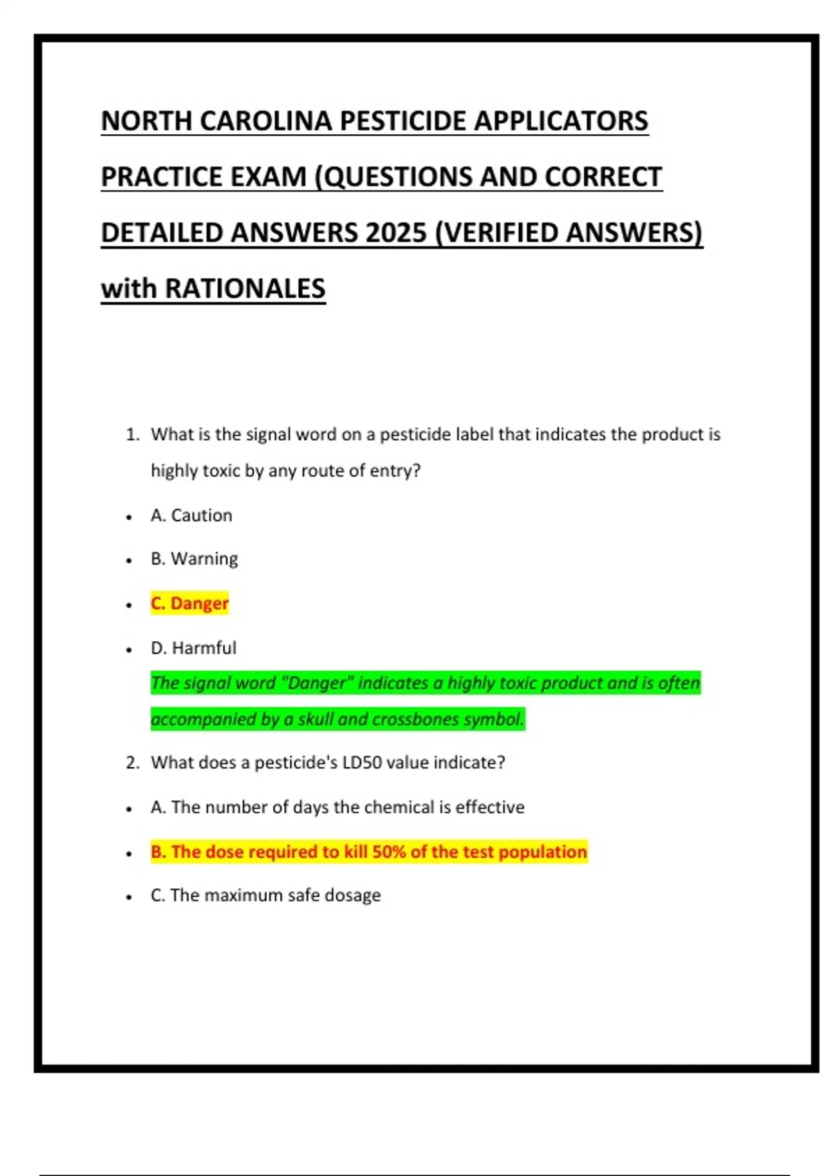 NORTH CAROLINA PESTICIDE APPLICATORS PRACTICE EXAM (QUESTIONS AND ...