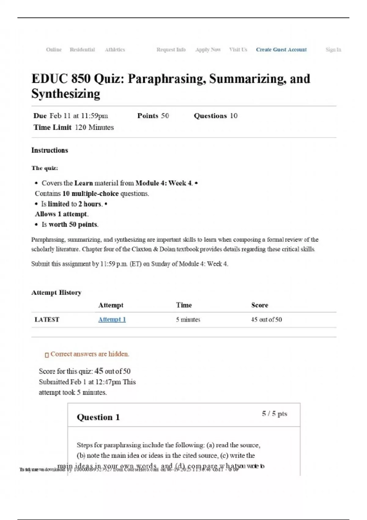 EDUC 850 Quiz: Paraphrasing, Summarizing, and Synthesizing | Questions ...