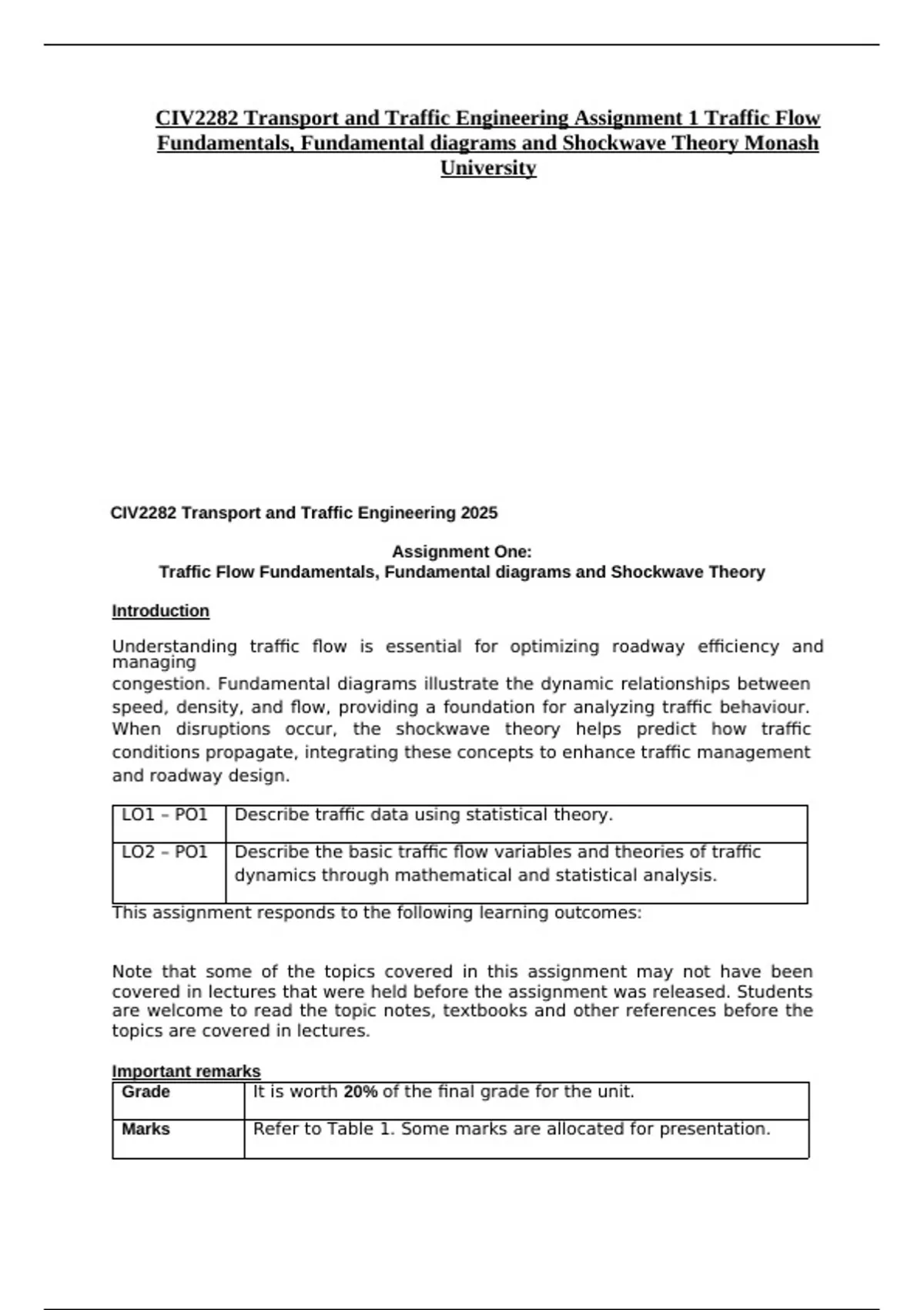 CIV2282 Transport and Traffic Engineering Assignment 1 Traffic Flow ...