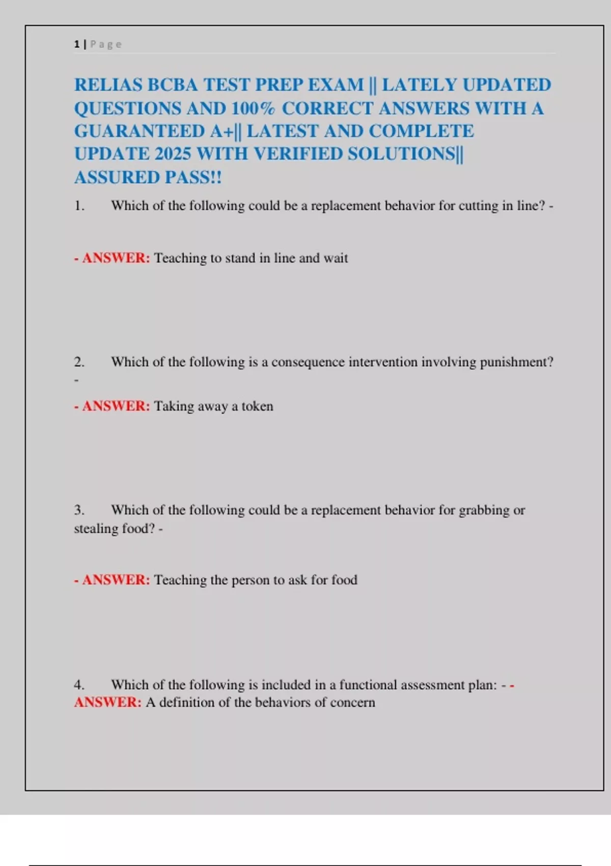 RELIAS BCBA TEST PREP EXAM || LATELY UPDATED QUESTIONS AND 100% CORRECT ...