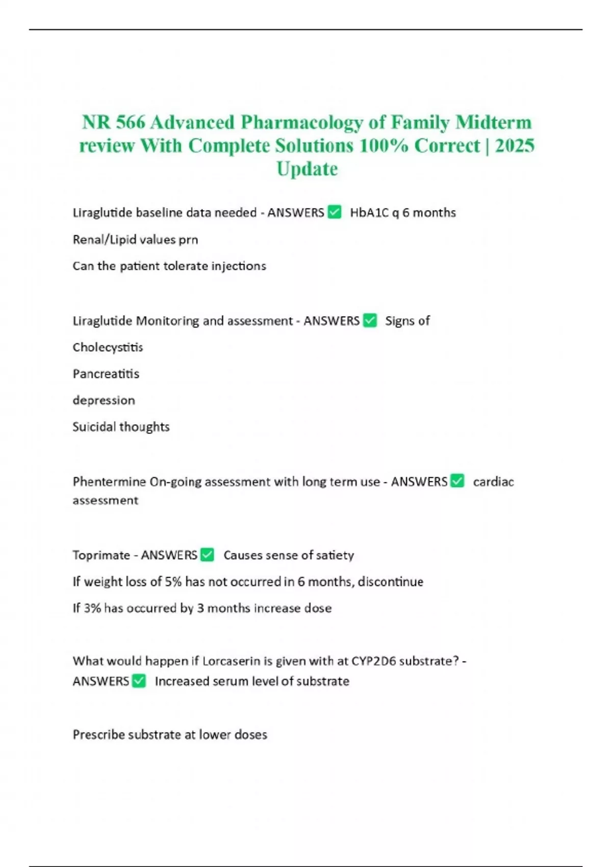 NR 566 Advanced Pharmacology of Family Midterm review With Complete Solutions 100% Correct ...