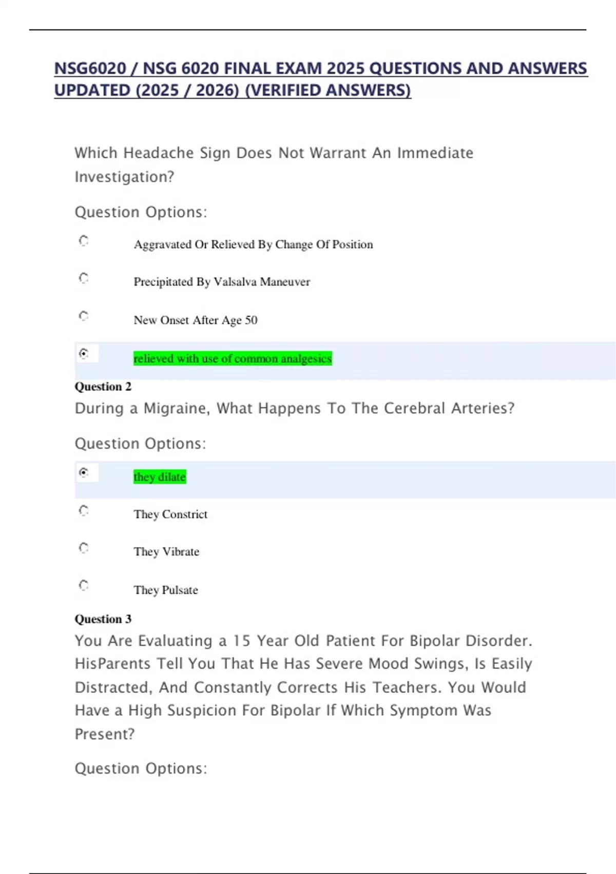 NSG6020 / NSG 6020 Final Exam 2025 Questions and Answers Updated (2025 / 2026) (Verified Answers ...