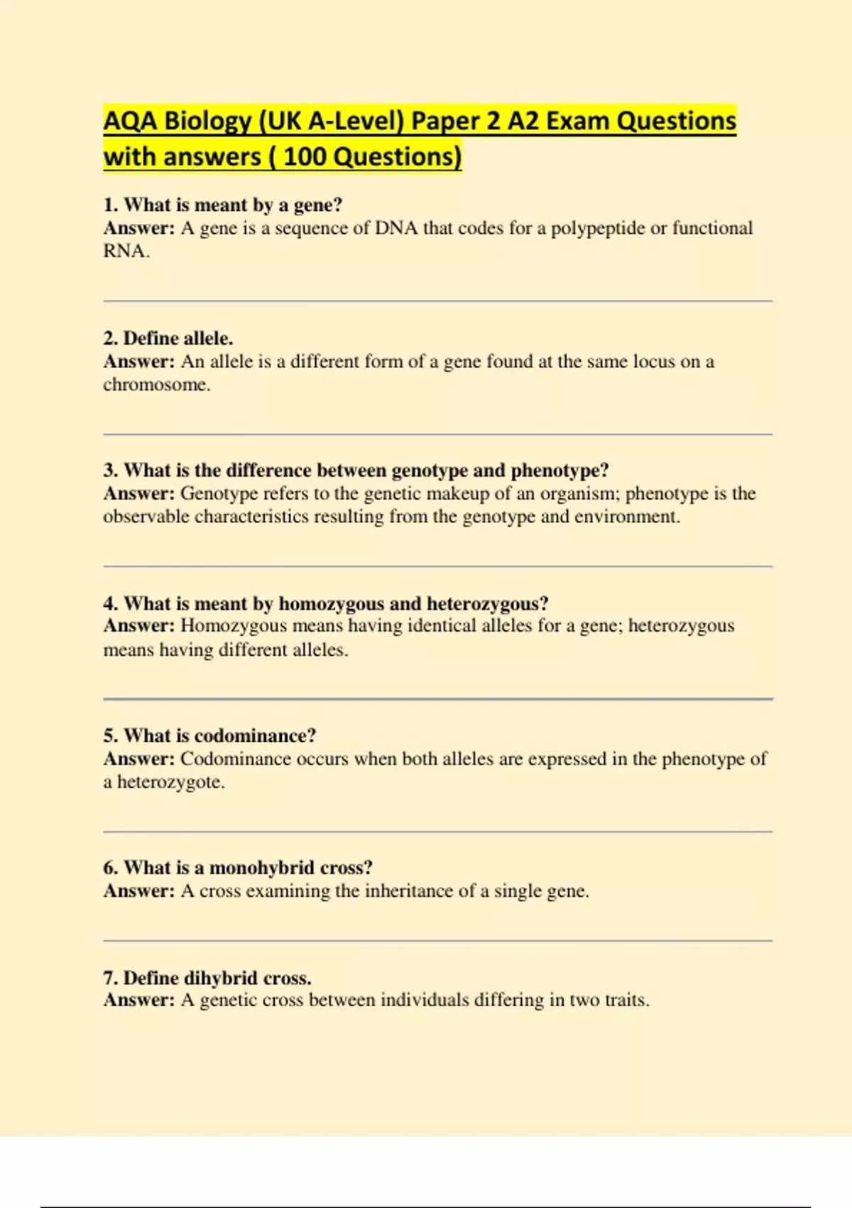 AQA Biology (UK A-Level) Paper 2 – A2 Level – 100 Exam Questions with ...