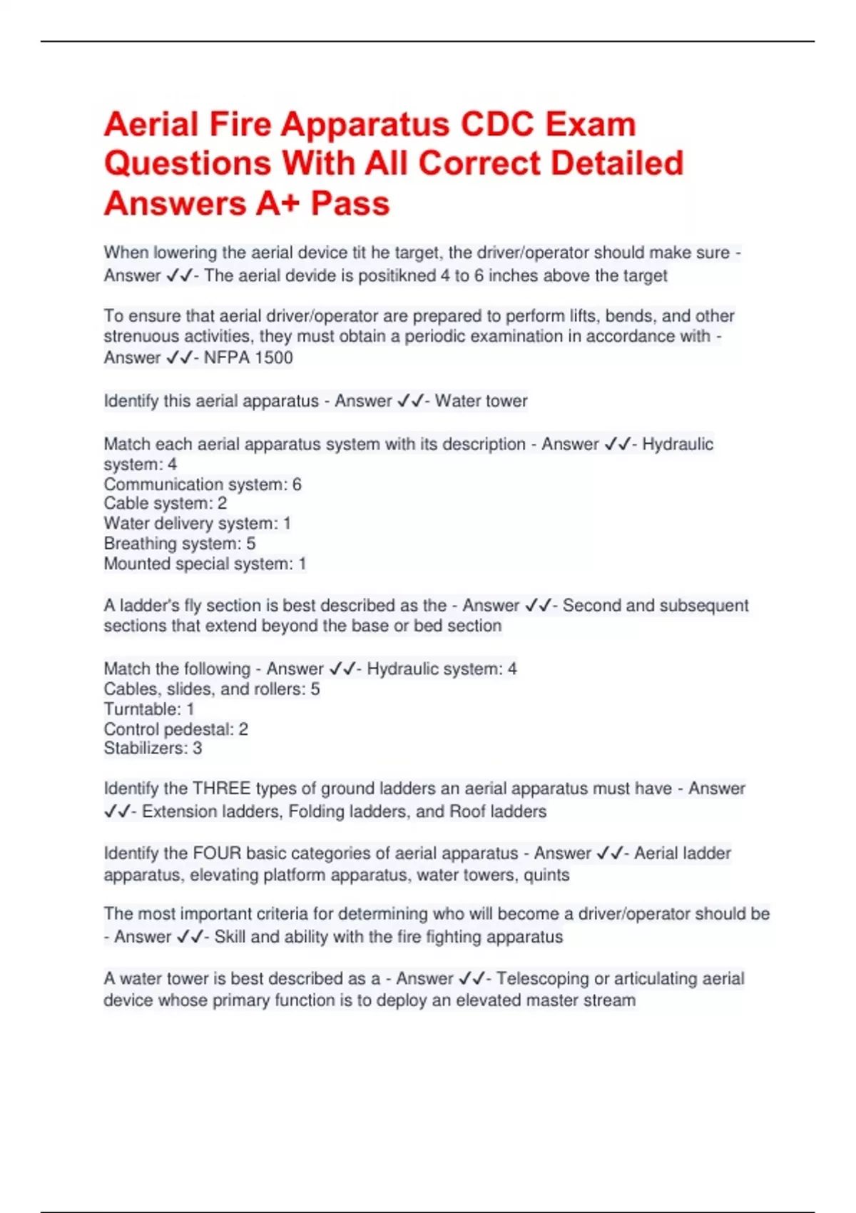 Aerial Fire Apparatus CDC Exam Questions With All Correct Detailed ...